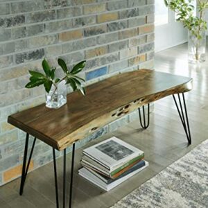 Signature Design by Ashley Haileeten Contemporary Accent Bench with Live Edge Top, Light Brown & Black