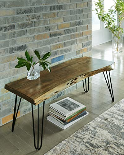 Signature Design by Ashley Haileeten Contemporary Accent Bench with Live Edge Top, Light Brown & Black