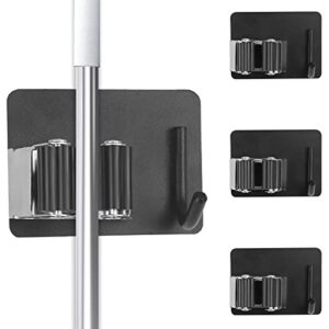 pmiio 4 pack broom holder wall mount, no punching, upgraded stainless steel broom holder, self adhesive broom hanger gripper for bathroom, kitchen, garage laundry room storage - black