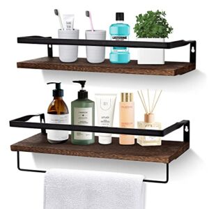 agm floating shelves, bathroom floating shelf set of 2, carbonized black wall storage shelf with towel bar, wall mounted shelves for plants, book, bathroom, bedroom, kitchen, living room decoration