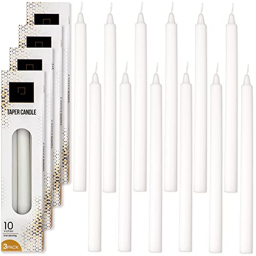 DecorRack 12 White Taper Candles, 10 inch, Unscented Long Lasting and Smokeless, Premium Quality Dinner Candles Ideal for Weddings, Party, and Home Decor (4 Boxes, 3 Candles Each)