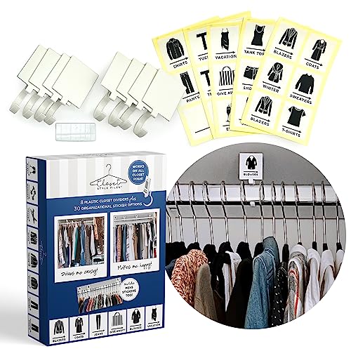 Closet Style Files Clothing Dividers - 8 Sturdy Plastic Clothing Dividers with 30 Organizational Sticker Options