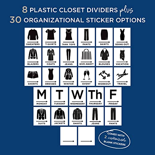 Closet Style Files Clothing Dividers - 8 Sturdy Plastic Clothing Dividers with 30 Organizational Sticker Options