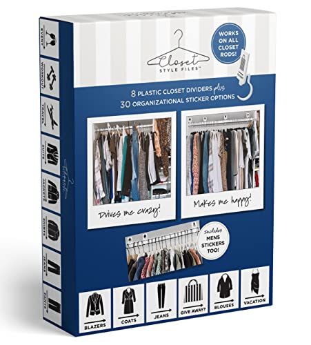 Closet Style Files Clothing Dividers - 8 Sturdy Plastic Clothing Dividers with 30 Organizational Sticker Options