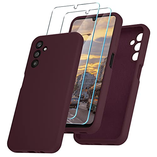 YENAPOON for Samsung Galaxy A14 5G Case and 2 Pack Tempered Glass Screen Protector, Slim Liquid Silicone Shockproof Protective Case - Plum Color