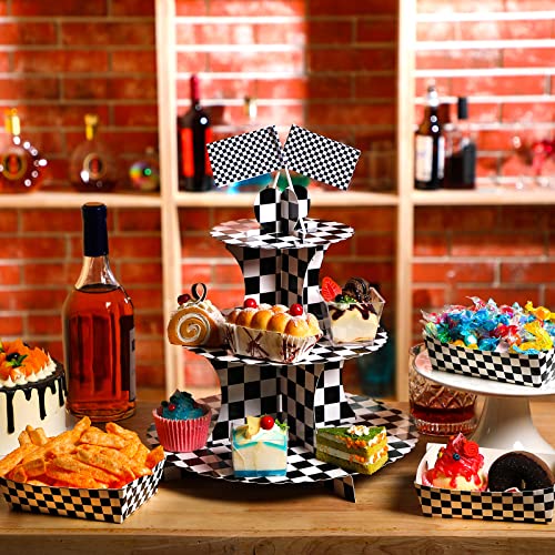 Checkered Racing Party Cupcake Stand and 30 Pcs Paper Food Trays Car Party Supplies Black and White Checkered Racing Flag 3 Tier Cake Cupcake Holder Paper Boats for Birthday Party Baby Shower Cake