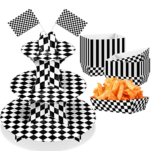 Checkered Racing Party Cupcake Stand and 30 Pcs Paper Food Trays Car Party Supplies Black and White Checkered Racing Flag 3 Tier Cake Cupcake Holder Paper Boats for Birthday Party Baby Shower Cake