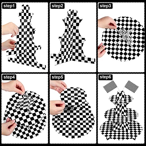 Checkered Racing Party Cupcake Stand and 30 Pcs Paper Food Trays Car Party Supplies Black and White Checkered Racing Flag 3 Tier Cake Cupcake Holder Paper Boats for Birthday Party Baby Shower Cake