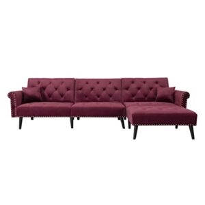 ATY Sectional Convertible Futon Sofa Bed, L-Shaped Couch with 2 Pillows and Reversible Chaise Lounge, Velvet Nailhead Decor Livingroom Furniture, 115", Red