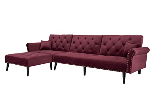 ATY Sectional Convertible Futon Sofa Bed, L-Shaped Couch with 2 Pillows and Reversible Chaise Lounge, Velvet Nailhead Decor Livingroom Furniture, 115", Red