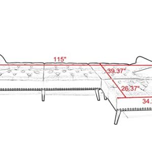 ATY Sectional Convertible Futon Sofa Bed, L-Shaped Couch with 2 Pillows and Reversible Chaise Lounge, Velvet Nailhead Decor Livingroom Furniture, 115", Red