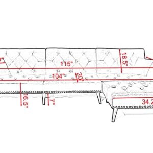 ATY Sectional Convertible Futon Sofa Bed, L-Shaped Couch with 2 Pillows and Reversible Chaise Lounge, Velvet Nailhead Decor Livingroom Furniture, 115", Red