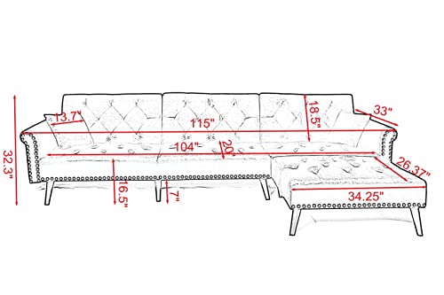 ATY Sectional Convertible Futon Sofa Bed, L-Shaped Couch with 2 Pillows and Reversible Chaise Lounge, Velvet Nailhead Decor Livingroom Furniture, 115", Red