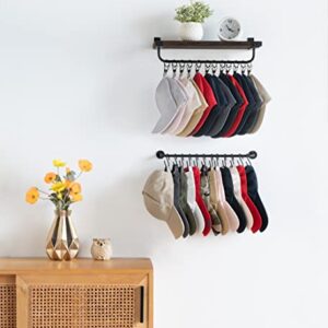 Mkono Hat Rack for Wall with Shelf 24 Baseball Caps Organizer with 12 Hook 12 Clips Wooden Hat Shelf Metal Hat Hanger for Baseball Hats and Accessories Storage, Cowboy Hat Rack for Closet Bedroom