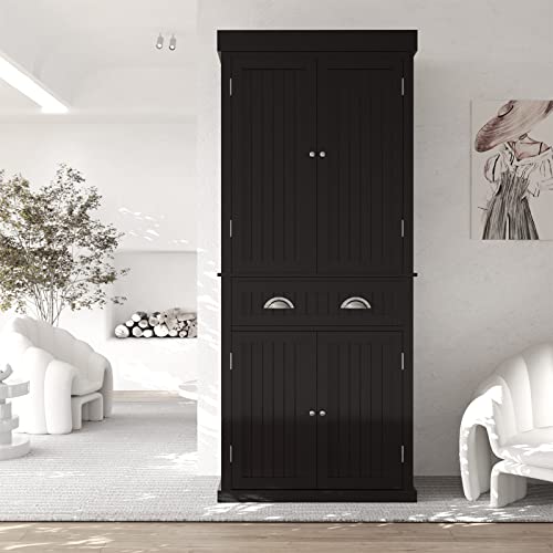 Squireewo 72" Freestanding Kitchen Pantry Storage Cabinet with Doors and Adjustable Shelves, Storage Cupboard with Large Drawer for Kitchen, Bathroom or Hallway,Black