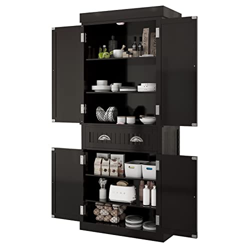 Squireewo 72" Freestanding Kitchen Pantry Storage Cabinet with Doors and Adjustable Shelves, Storage Cupboard with Large Drawer for Kitchen, Bathroom or Hallway,Black