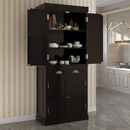 Squireewo 72" Freestanding Kitchen Pantry Storage Cabinet with Doors and Adjustable Shelves, Storage Cupboard with Large Drawer for Kitchen, Bathroom or Hallway,Black