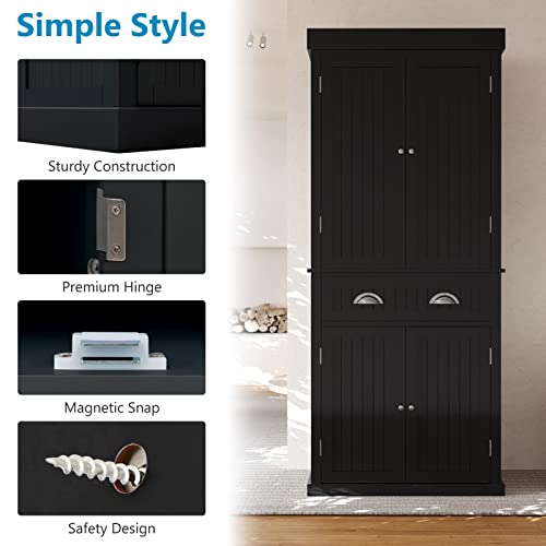 Squireewo 72" Freestanding Kitchen Pantry Storage Cabinet with Doors and Adjustable Shelves, Storage Cupboard with Large Drawer for Kitchen, Bathroom or Hallway,Black