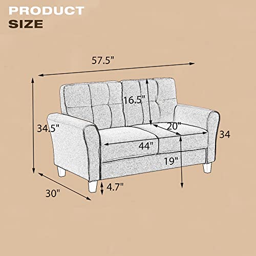 Merax Modern Mid Century Comfy Loveseat Sofa Tufted Linen Small Couch for Living Room Bedroom Office Light Grey Love, 2-Seat