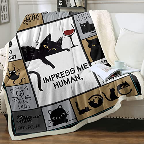 Sleepwish Funny Black Cat Blanket Gifts for Cat Wine Lovers Girl, Black Cat Red Wine Throw Plush Blankets for Adults Women Lightweight Fleece Christmas Blankets for Chair Couch Bed (Throw 50"x60")