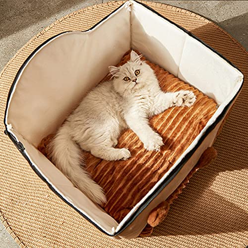 Luxury Dog House Indoor, Foldable Warm Soft Kennel Plush Cat Nest Cozy Pet Bed House with Removable Cushion (L-19.5x16x16 in, Brown)