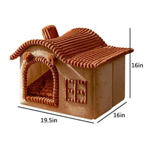 Luxury Dog House Indoor, Foldable Warm Soft Kennel Plush Cat Nest Cozy Pet Bed House with Removable Cushion (L-19.5x16x16 in, Brown)