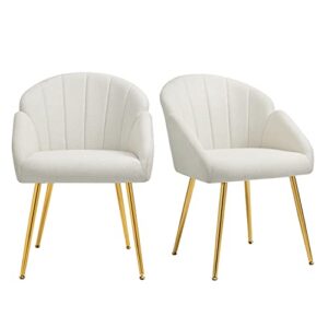 dragon gate sherpa upholstered dining chairs set of 2, boucle fleece side chair, mid-back modern accent chair armchair with gold legs for living room, dining room, bedroom, vanity room, white