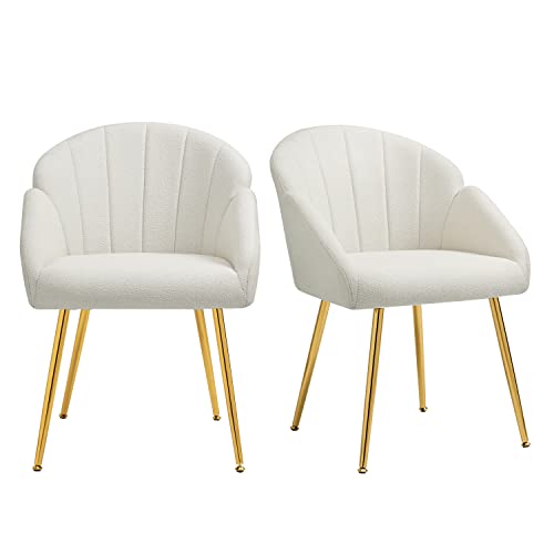 DRAGON GATE Sherpa Upholstered Dining Chairs Set of 2, Boucle Fleece Side Chair, Mid-Back Modern Accent Chair Armchair with Gold Legs for Living Room, Dining Room, Bedroom, Vanity Room, White