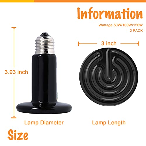 Woyrise 100W Ceramic Heat Emitter, Reptile Heat Lamp Bulbs, No Light Emitting Brooder Coop Heater for Amphibian Pet & Incubating Chicken, Black (2-Pack)