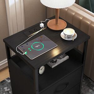 KHLJJU End Table with Charging Station, Nightstand with Fabric Drawer, Small Side Table for Small Spaces, Black Bedside Tables with USB Ports and Outlets for Living Room, Bedroom, Office