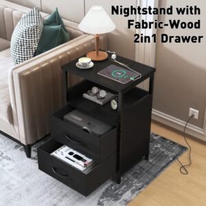 KHLJJU End Table with Charging Station, Nightstand with Fabric Drawer, Small Side Table for Small Spaces, Black Bedside Tables with USB Ports and Outlets for Living Room, Bedroom, Office