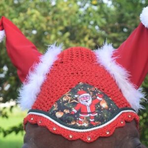 Santa Claus Christmas Horse Fly Bonnet Net Hat Hood Mask Fly Veil Full Hand Made Cotton (Horse/Full)