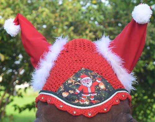 Santa Claus Christmas Horse Fly Bonnet Net Hat Hood Mask Fly Veil Full Hand Made Cotton (Horse/Full)