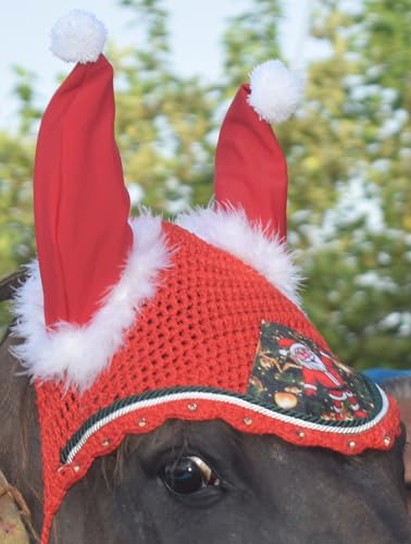 Santa Claus Christmas Horse Fly Bonnet Net Hat Hood Mask Fly Veil Full Hand Made Cotton (Horse/Full)