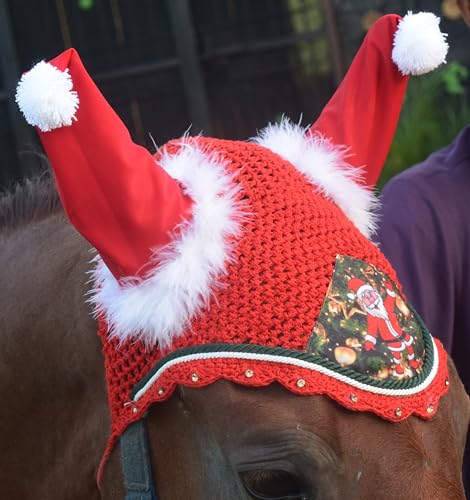 Santa Claus Christmas Horse Fly Bonnet Net Hat Hood Mask Fly Veil Full Hand Made Cotton (Horse/Full)