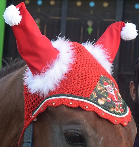 Santa Claus Christmas Horse Fly Bonnet Net Hat Hood Mask Fly Veil Full Hand Made Cotton (Horse/Full)