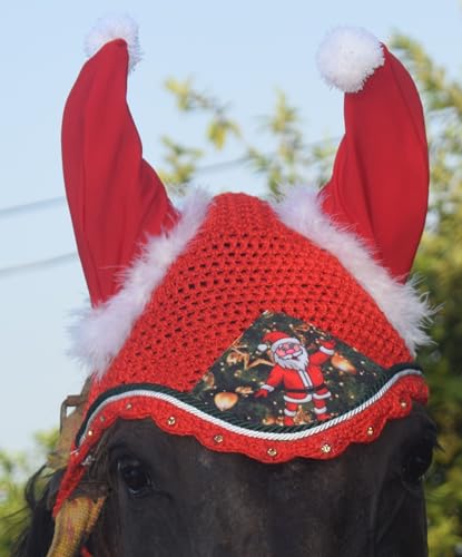 Santa Claus Christmas Horse Fly Bonnet Net Hat Hood Mask Fly Veil Full Hand Made Cotton (Horse/Full)