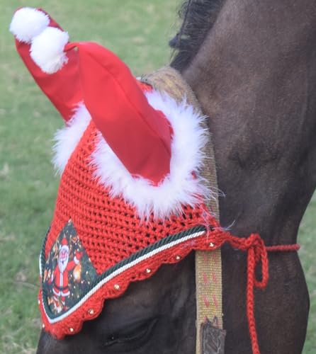 Santa Claus Christmas Horse Fly Bonnet Net Hat Hood Mask Fly Veil Full Hand Made Cotton (Horse/Full)