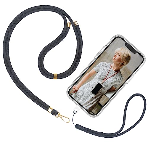 VEZIQ Adjustable Universal Crossbody Patch Phone Lanyard Wrist Strap | Cell Phone Lanyards for Around The Neck | Compatible with Every Smartphone, Key Holder and ID Card Holder - Black