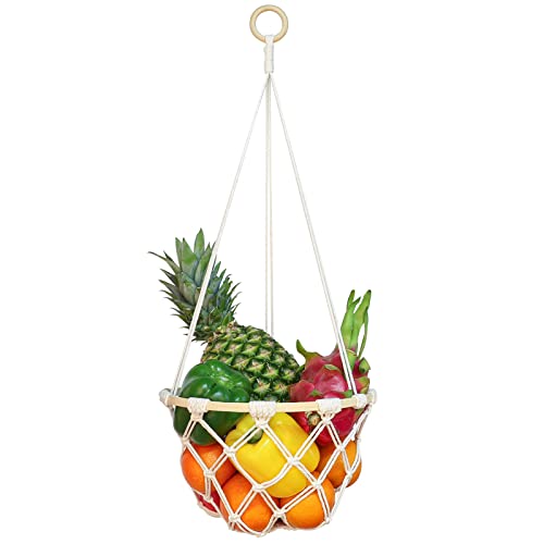 Single Tier Macrame Hanging Fruit Basket, Boho Vegetable Holder for Kitchen Food Storage with Hook, Bohemian Cotton Rope Produce Organizer, Plant Hanger Deocr for Home Bathroom Bedroom Living Room