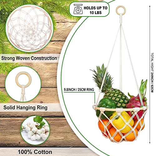 Single Tier Macrame Hanging Fruit Basket, Boho Vegetable Holder for Kitchen Food Storage with Hook, Bohemian Cotton Rope Produce Organizer, Plant Hanger Deocr for Home Bathroom Bedroom Living Room