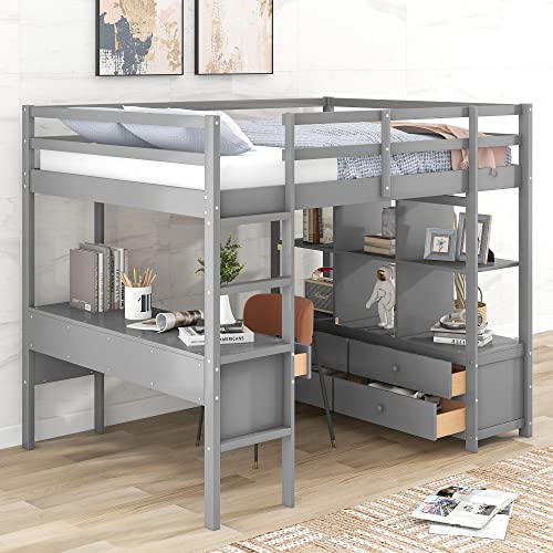 Merax Full Size Loft Bed with Built-in Desk with Two Drawers, Storage Shelves, Solid Wood Frame for Teens, Grey