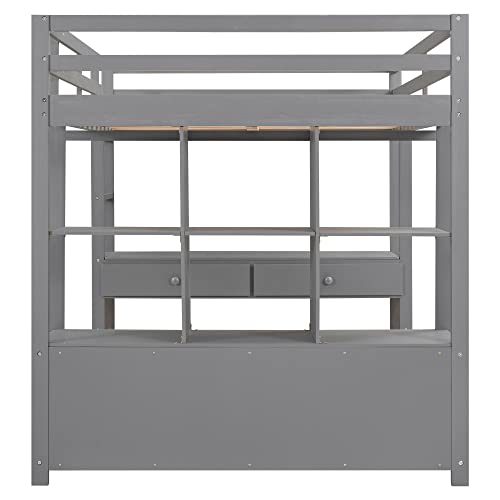 Merax Full Size Loft Bed with Built-in Desk with Two Drawers, Storage Shelves, Solid Wood Frame for Teens, Grey