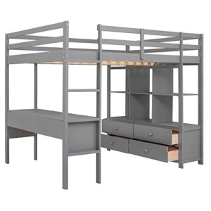 Merax Full Size Loft Bed with Built-in Desk with Two Drawers, Storage Shelves, Solid Wood Frame for Teens, Grey