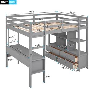 Merax Full Size Loft Bed with Built-in Desk with Two Drawers, Storage Shelves, Solid Wood Frame for Teens, Grey