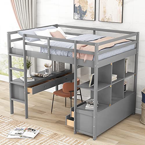 Merax Full Size Loft Bed with Built-in Desk with Two Drawers, Storage Shelves, Solid Wood Frame for Teens, Grey