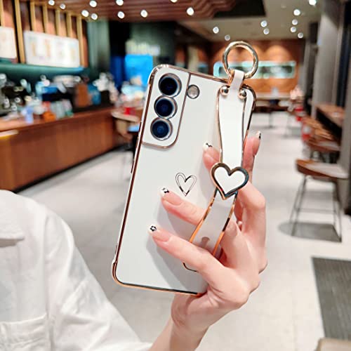 ZTOFERA Designed for Samsung Galaxy S21 Plus 5G Case with Wristband,Plating Edge Love Hearts Pattern Hand Strap Finger Holder Kickstand Case,Soft Shockproof Cover for Girls Women,White