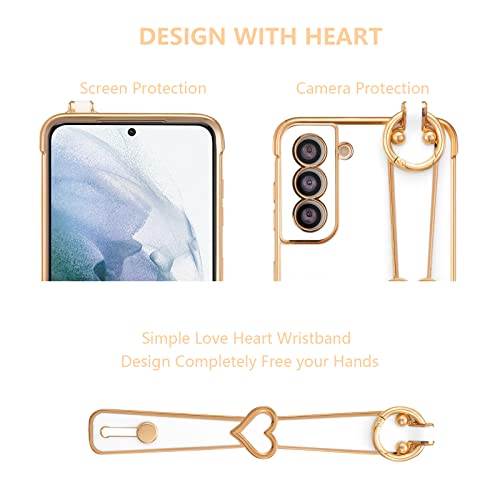 ZTOFERA Designed for Samsung Galaxy S21 Plus 5G Case with Wristband,Plating Edge Love Hearts Pattern Hand Strap Finger Holder Kickstand Case,Soft Shockproof Cover for Girls Women,White