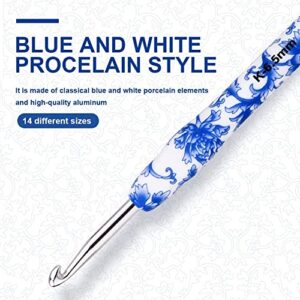 BCMRUN Crochet Hooks Set with Case 14 Size Blue and White Porcelain Pattern for Arthritis Hands, 2.25mm(B)-10mm(N) Crochet Needles for Beginners, Mothers Day Gift, Crochet Lovers (Azure)