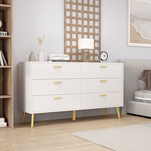 DiDuGo Chest of Drawers 6 Drawer Chest Dresser, Modern Contemporary Dresser with Metal Legs, White Dresser for Bedroom (54”W x 15.6”D x 30.1”H)